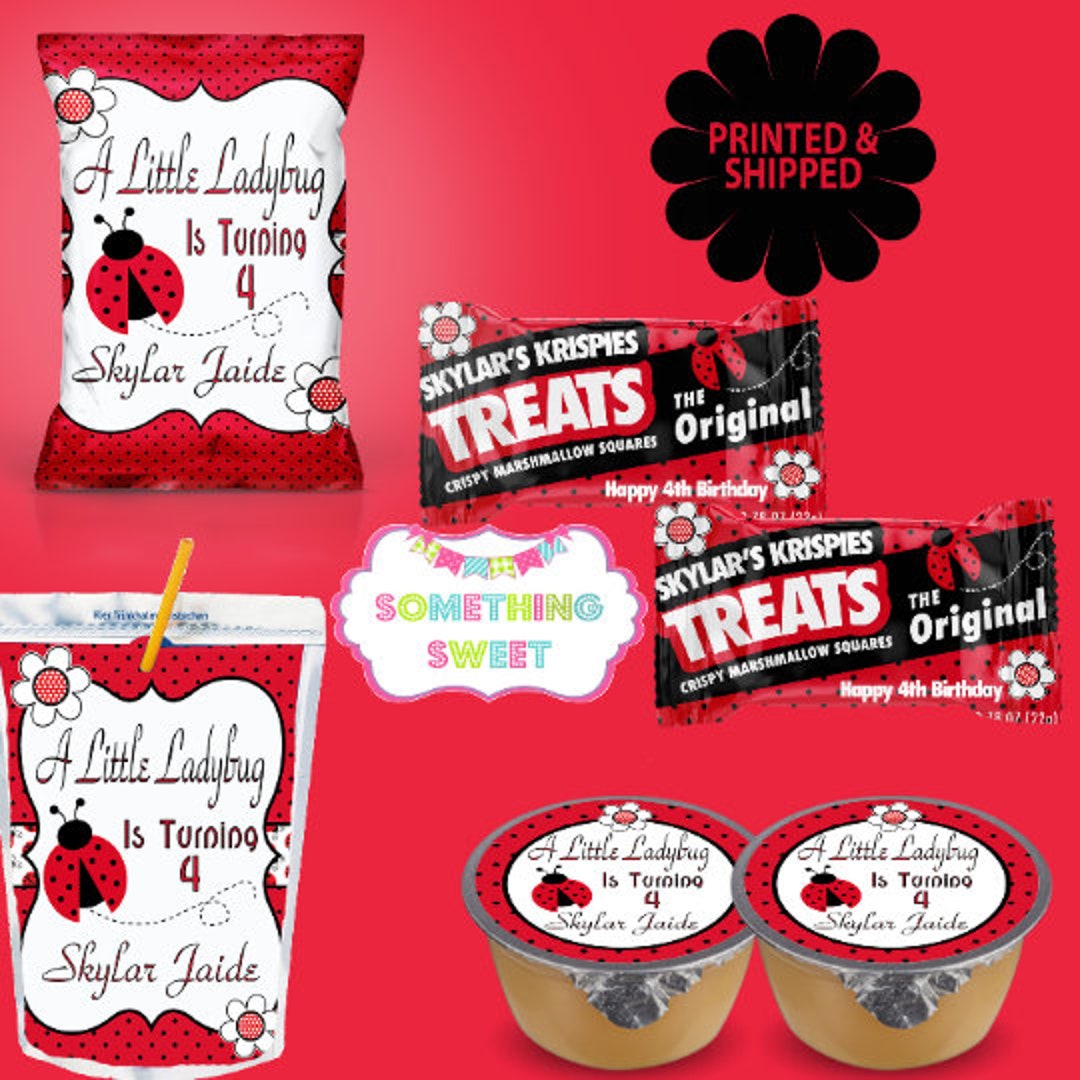 Lady Bug Birthday Party, Lady Bug Baby Shower, Chip Bags, Juice Pouch ...