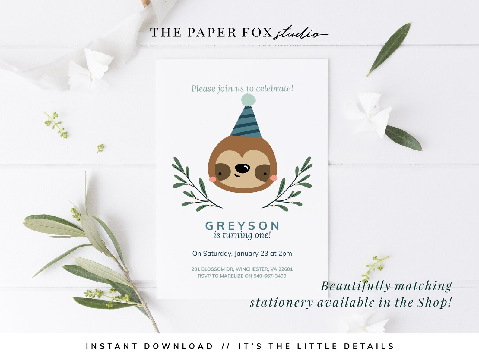 Printable Sloth With Blue Party Hat Thank You Notes Editable - Etsy