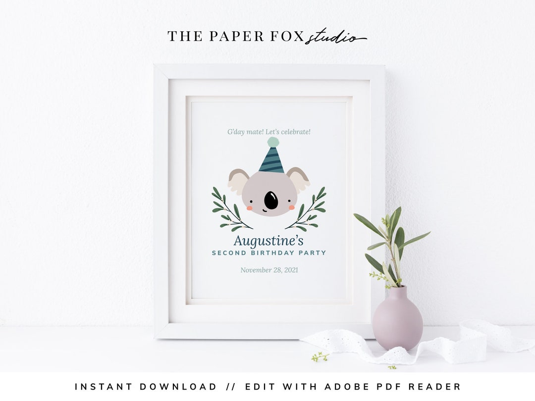 Printable Koala With Blue Party Hat Welcome Poster, Editable Animal ...
