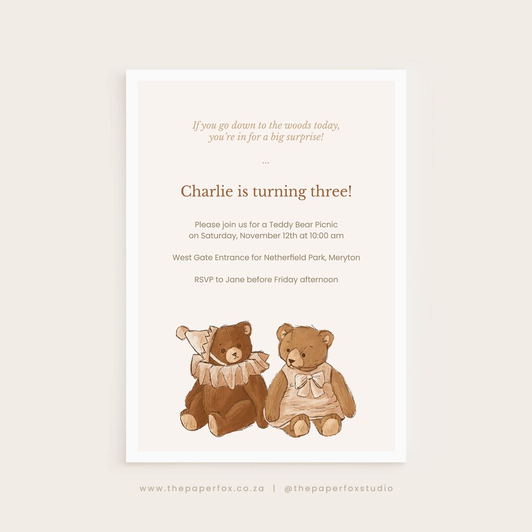 Printable Teddy Bear Invitation, 5x7 Editable PDF Vintage Teddy Bear ...