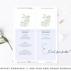 Printable Floral Easter Bunny Menus, Editable Modern Easter Rabbit Menu ...