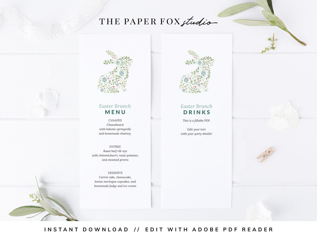 Printable Floral Easter Bunny Menus, Editable Modern Easter Rabbit Menu ...