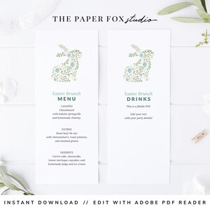 Printable Floral Easter Bunny Menus, Editable Modern Easter Rabbit Menu ...