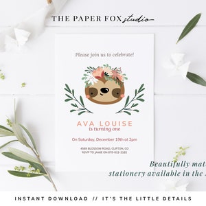 Printable Sloth With Flower Crown Thank You Notes, Editable Party ...