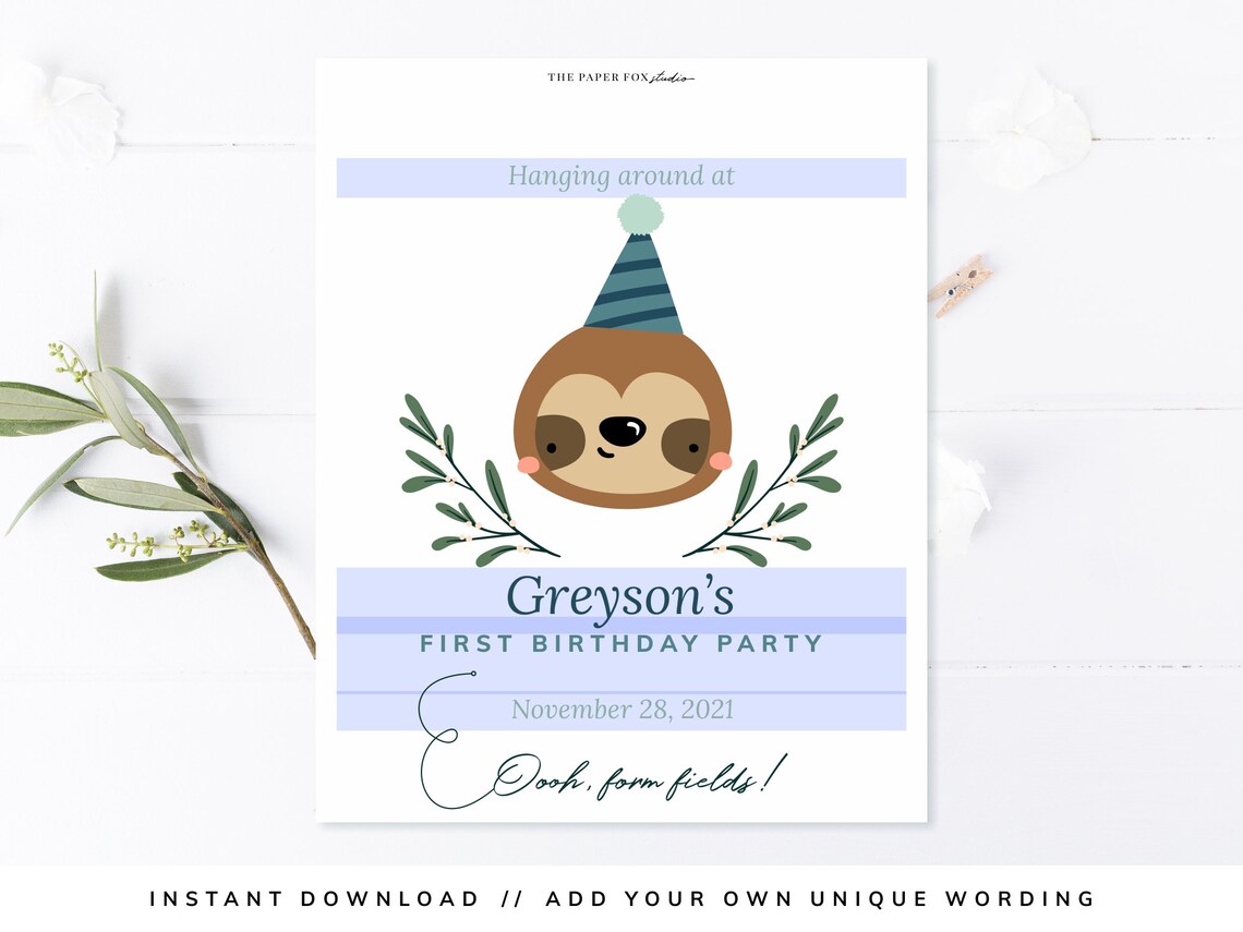 Printable Sloth With Blue Party Hat Welcome Poster Editable - Etsy