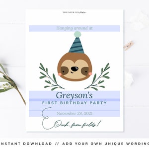Printable Sloth With Blue Party Hat Welcome Poster, Editable Boys Party ...