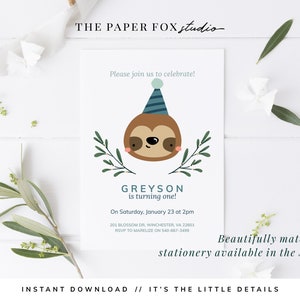 Printable Sloth With Blue Party Hat Welcome Poster, Editable Boys Party ...