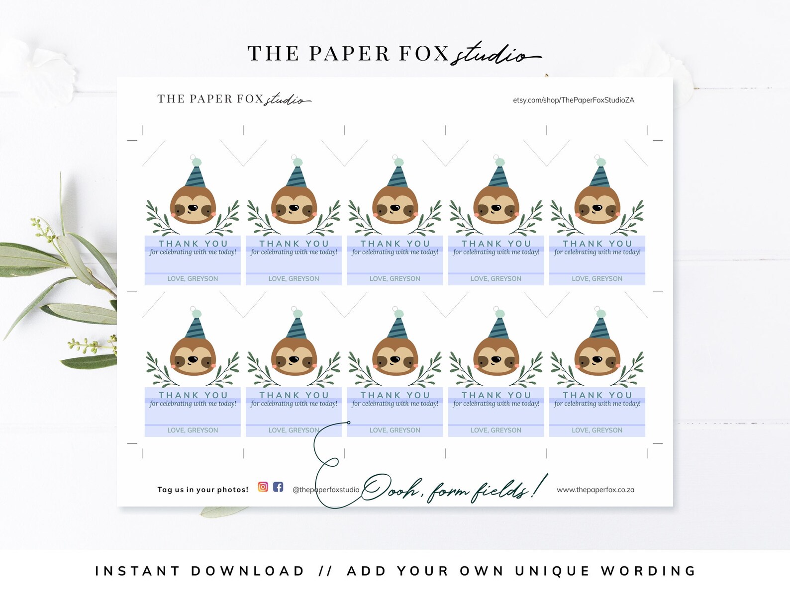 Printable Sloth With Blue Party Hat Favor Tags Editable Party - Etsy