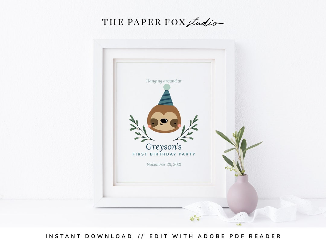 Printable Sloth With Blue Party Hat Welcome Poster, Editable Boys Party ...