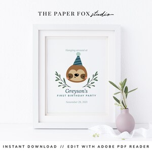 Printable Sloth With Blue Party Hat Welcome Poster, Editable Boys Party ...