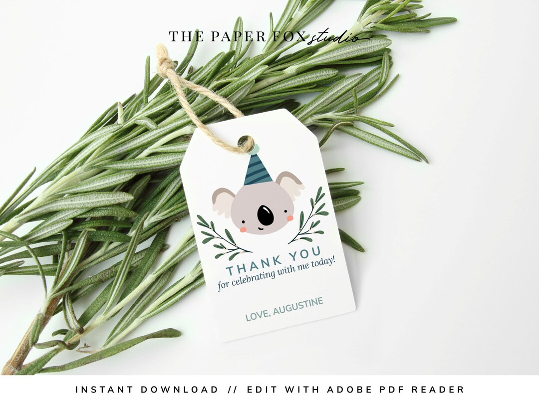 Printable Koala With Blue Party Hat Favor Tags, Editable Aussie Animal ...