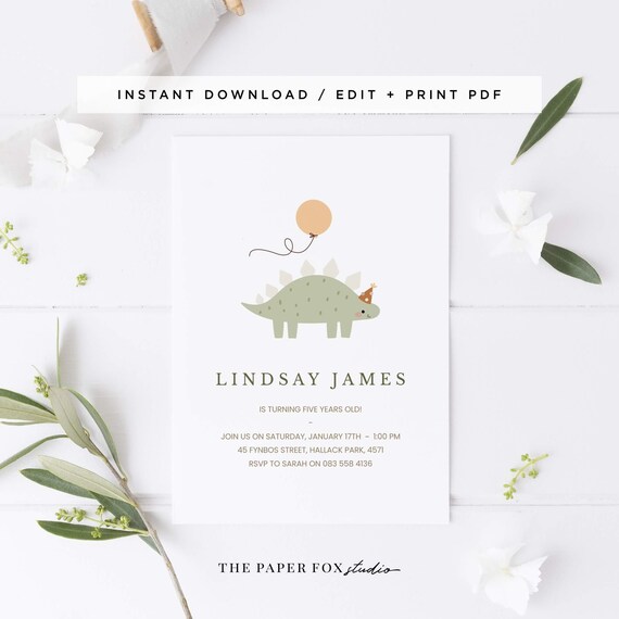 Printable Dinosaur Birthday Invitation Editable PDF Green | Etsy