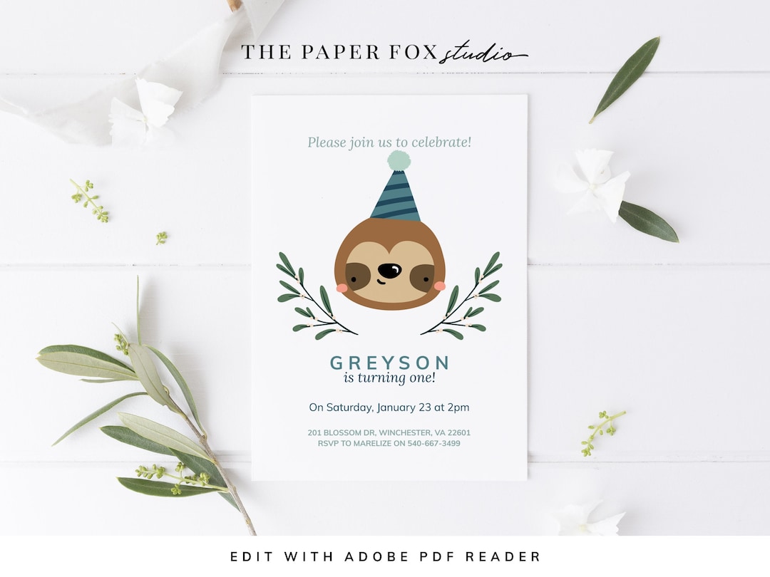 Printable Sloth With Party Hat Birthday Invitation, Editable Modern ...