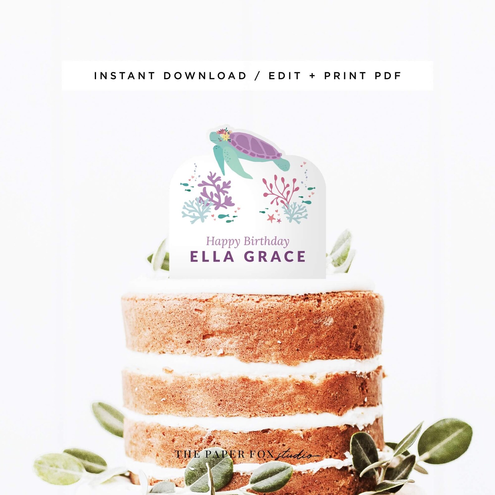 Printable Sea Turtle Cake Topper Editable Under the Sea - Etsy
