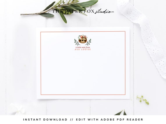 Printable Sloth With Flower Crown Thank You Notes Editable | Etsy