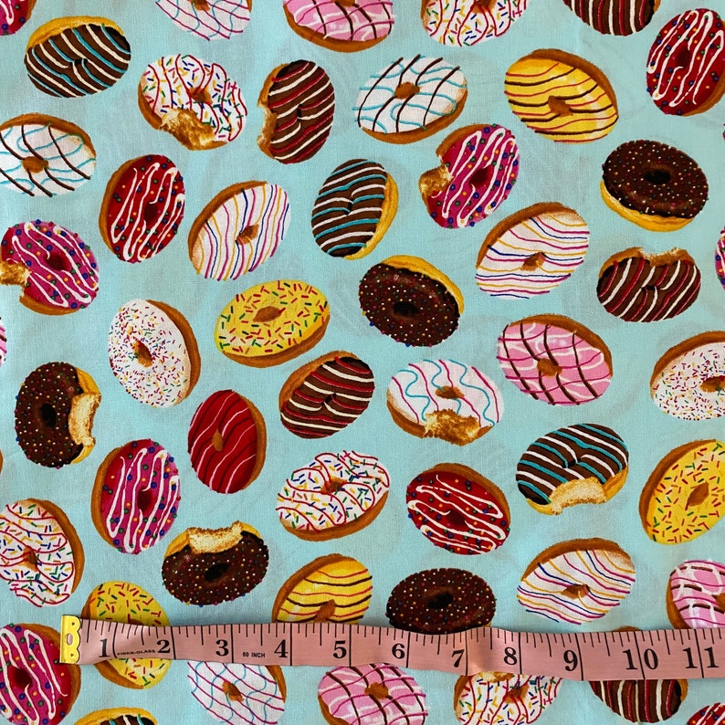 Colorful. Donuts on Light Blue 100% Cotton Fabric **ships From ...