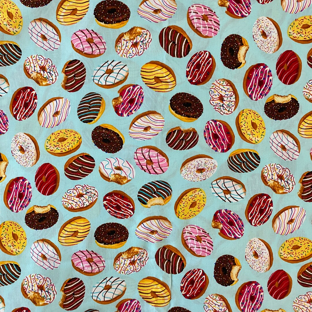 Colorful. Donuts on Light Blue 100% Cotton Fabric **ships From ...