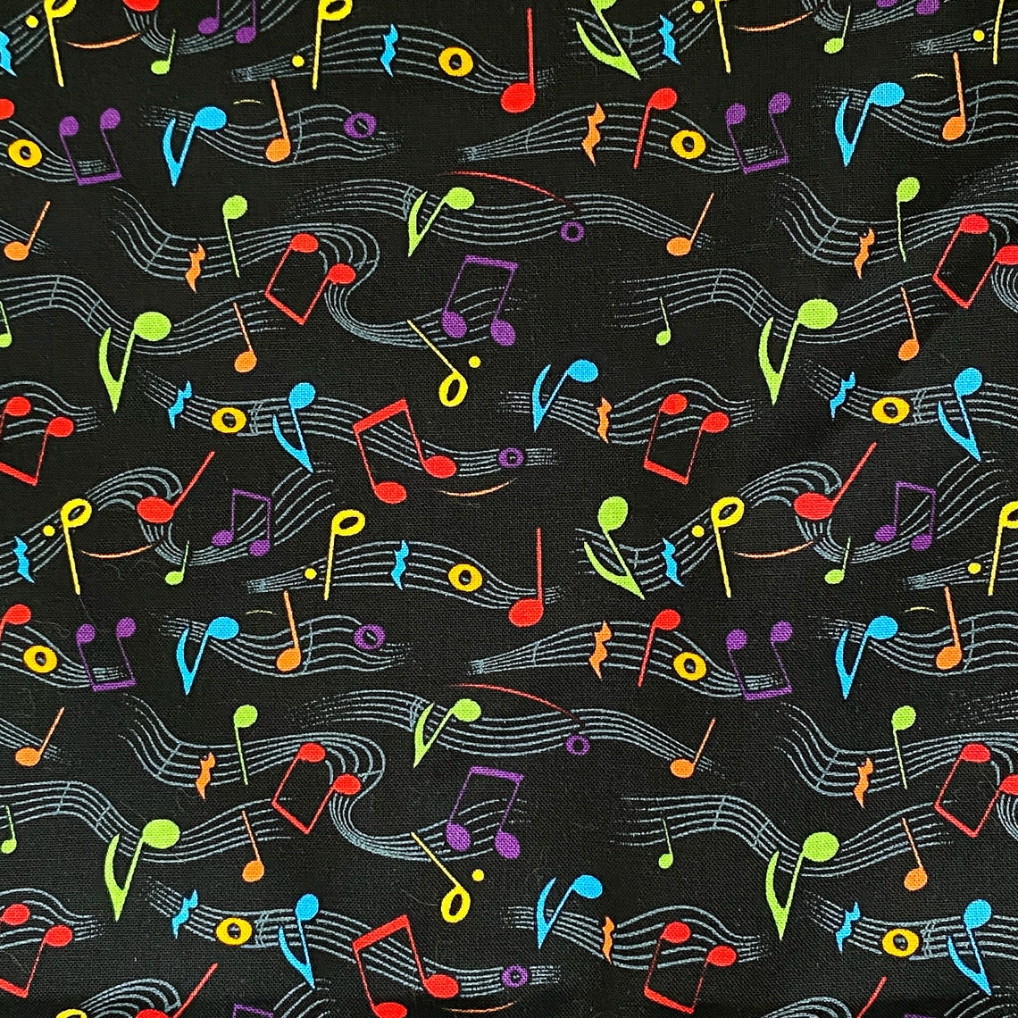 NEW. Rainbow Music Notes on Black 100% Cotton Fabric ships | Etsy