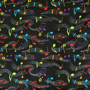 NEW. Rainbow Music Notes on Black 100% Cotton Fabric **ships From CA ## ...