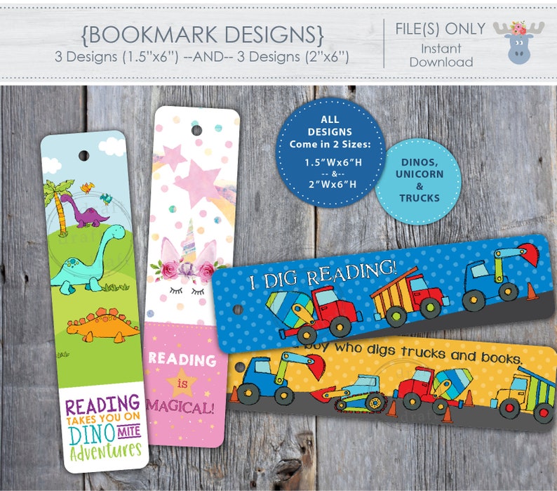 4 KIDS Bookmark Designs • Unicorn • Dinosaur • Trucks • 2 Sizes for ...