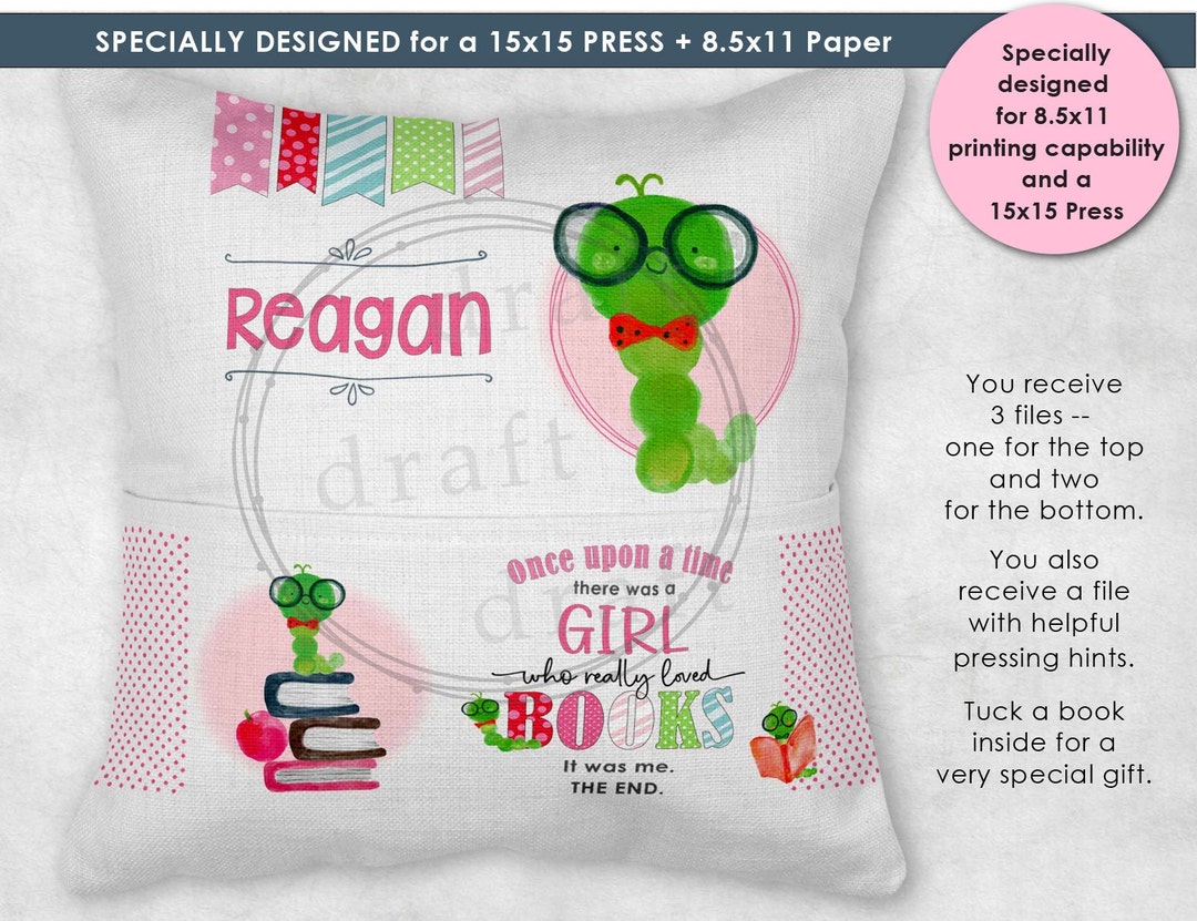 BOOKWORM • Book POCKET PILLOW Design • 8.5x11 • Book Worm - Book Lover ...