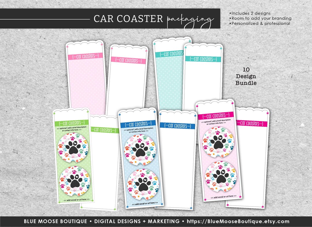 10 CAR COASTER PACKAGING Design Bundle - Scalloped Top Edge • Doubles ...