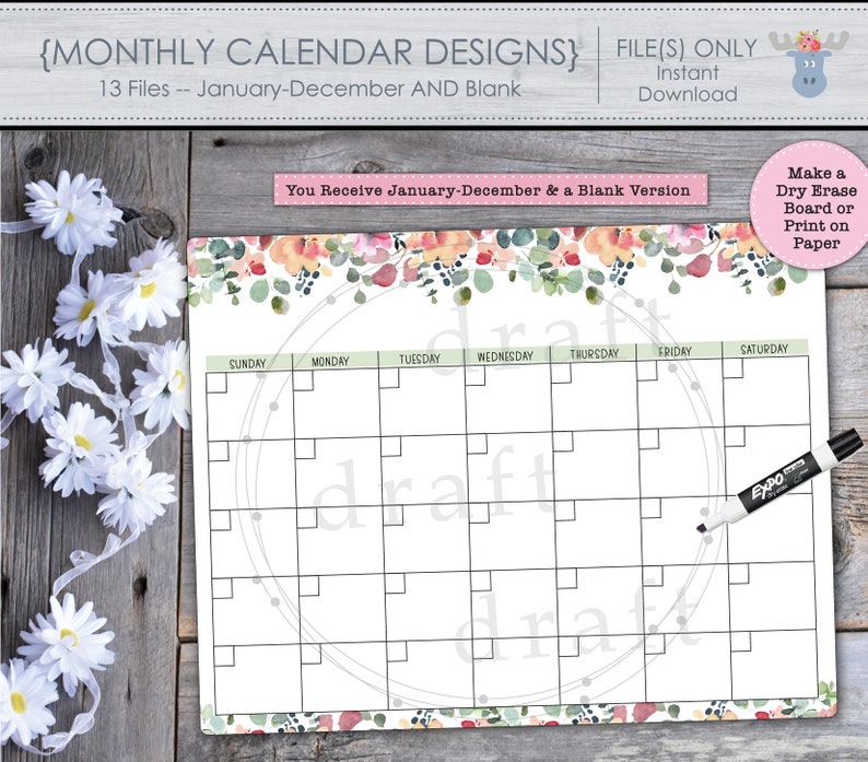 Monthly Calendar Designs 13 Designs Print on Paper or - Etsy