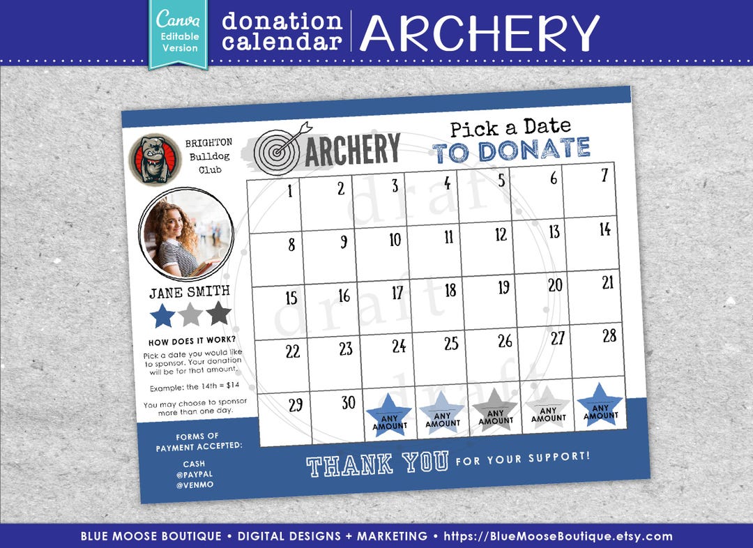 ARCHERY Pick a Date to Donate Calendar Design • Canva-editable ...