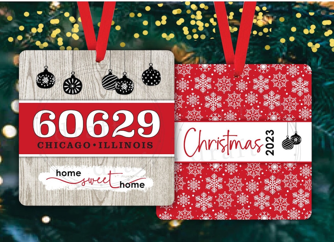 2 Square ZIP CODE Christmas Ornament Designs Circle Rustic Pink, Red ...