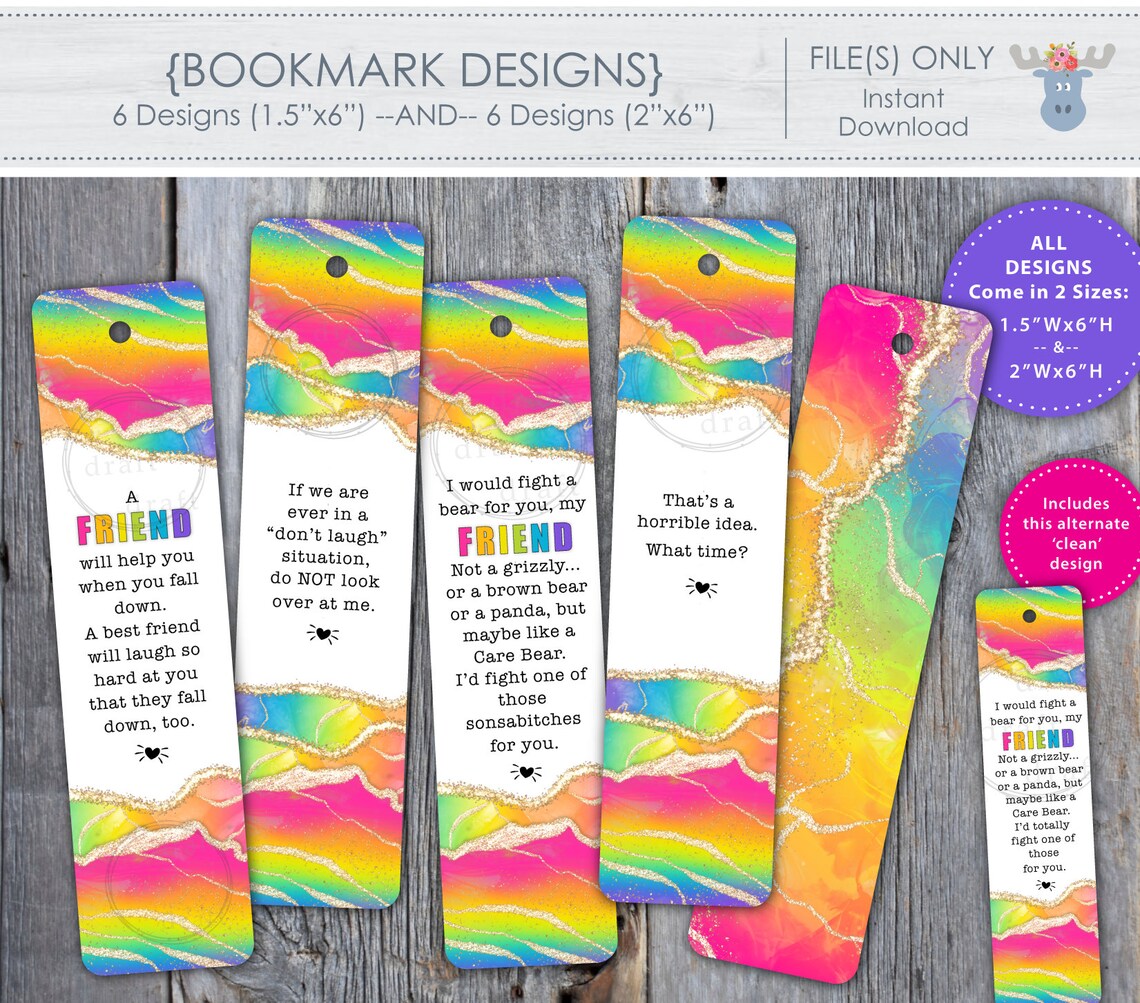 6 FUNNY Bookmark Designs • Friends • Snarky • Includes 2 Sizes for Each ...