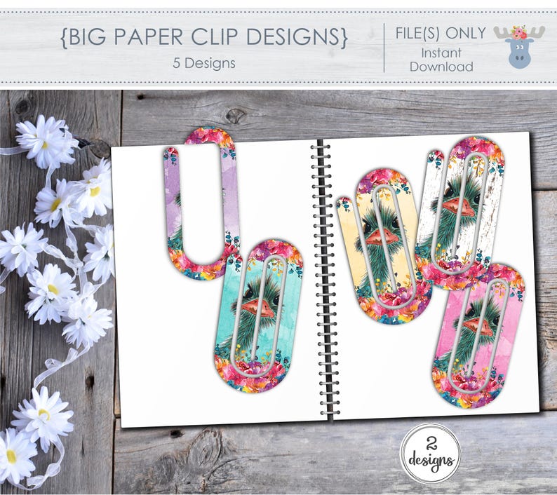 5 Big Paper Clip Design Bundle • Floral • Ostrich • Paperclip ...