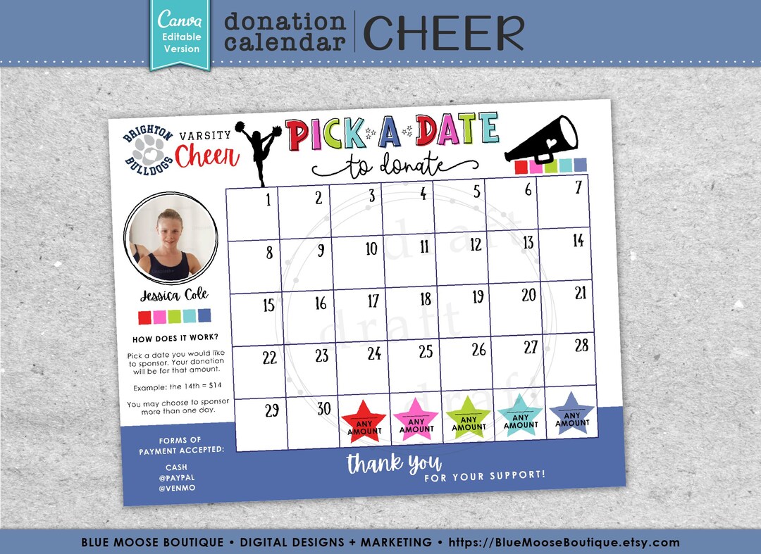 CHEER Pick a Date to Donate Calendar Design • Cheerleading • Canva ...