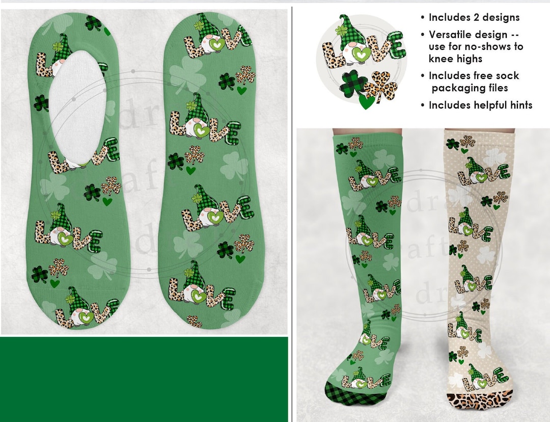 2 - ST. PATRICK'S DAY Sock Designs • St. Patty's Day • Gnome • Leopard ...