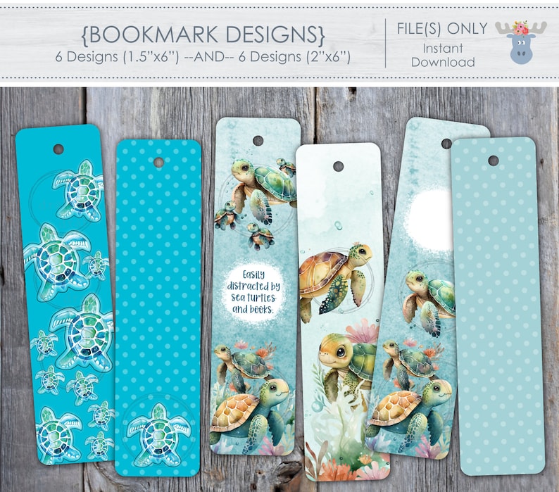 6 SEA TURTLE Bookmark Designs • Book Lover • Turtles • Sea • Includes 2 ...