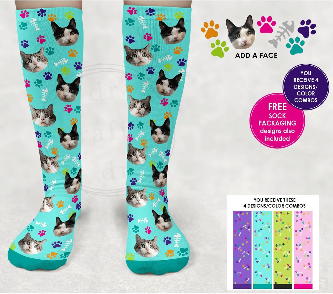 4 CAT Sock Designs • Add a Photo • Fun & Silly Sock Designs • Brights ...