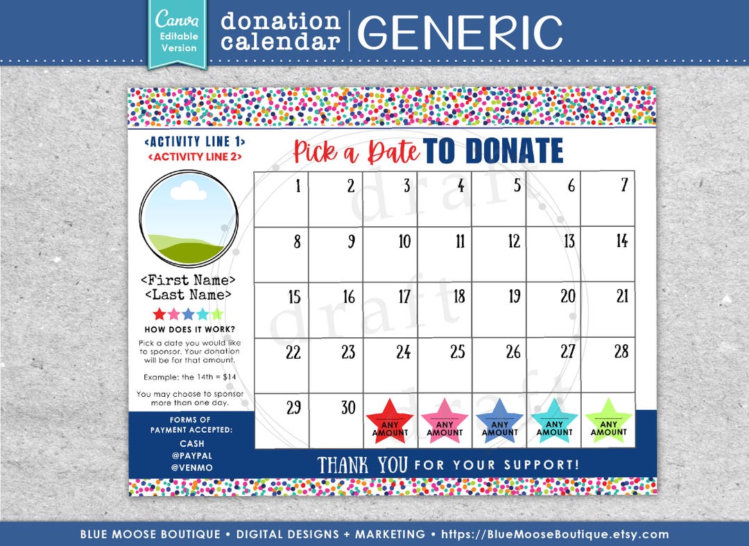 GENERIC Pick a Date to Donate Calendar Design • Canva-editable ...