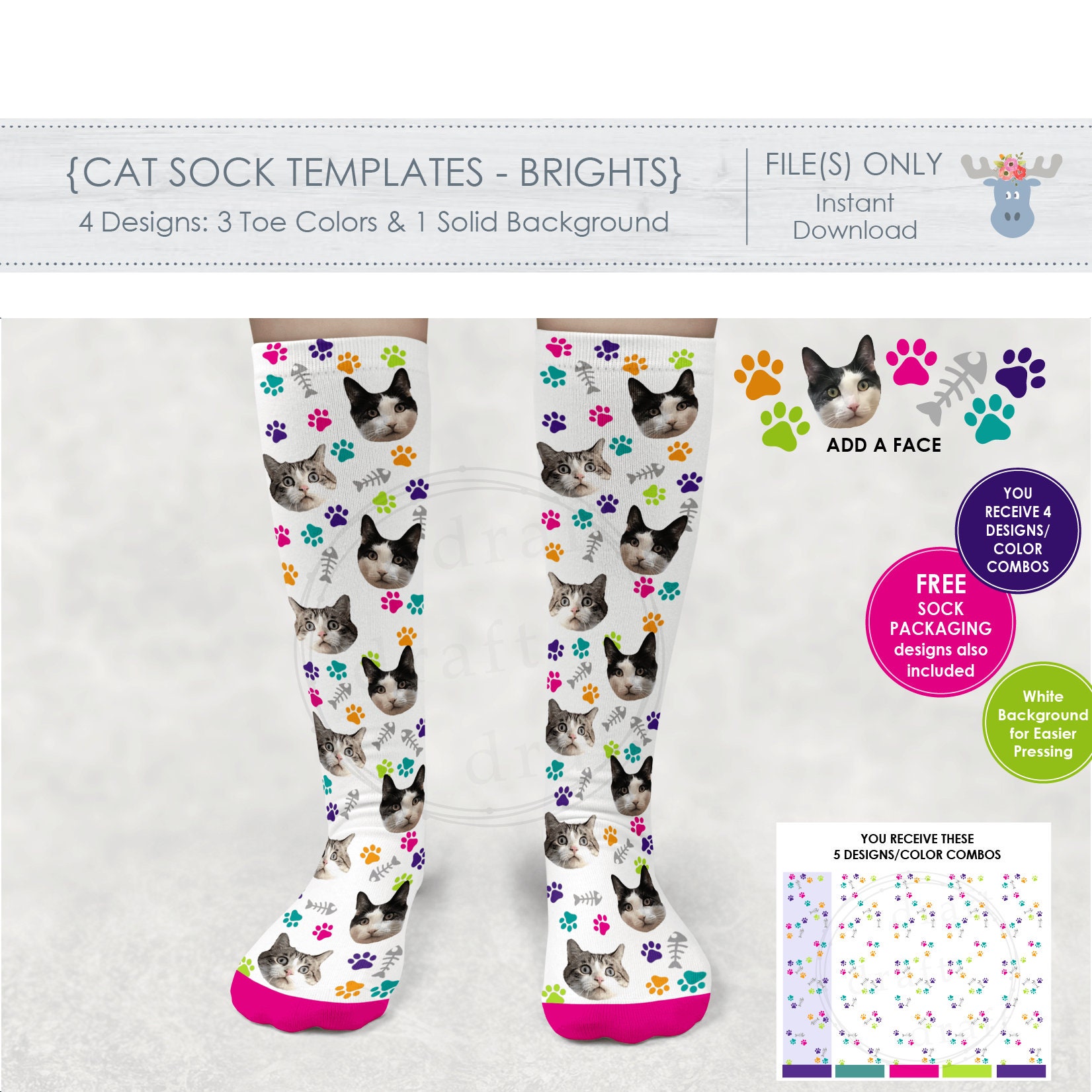 CAT Fun & Silly Sock Designs BRIGHTS 5 Templates | Etsy