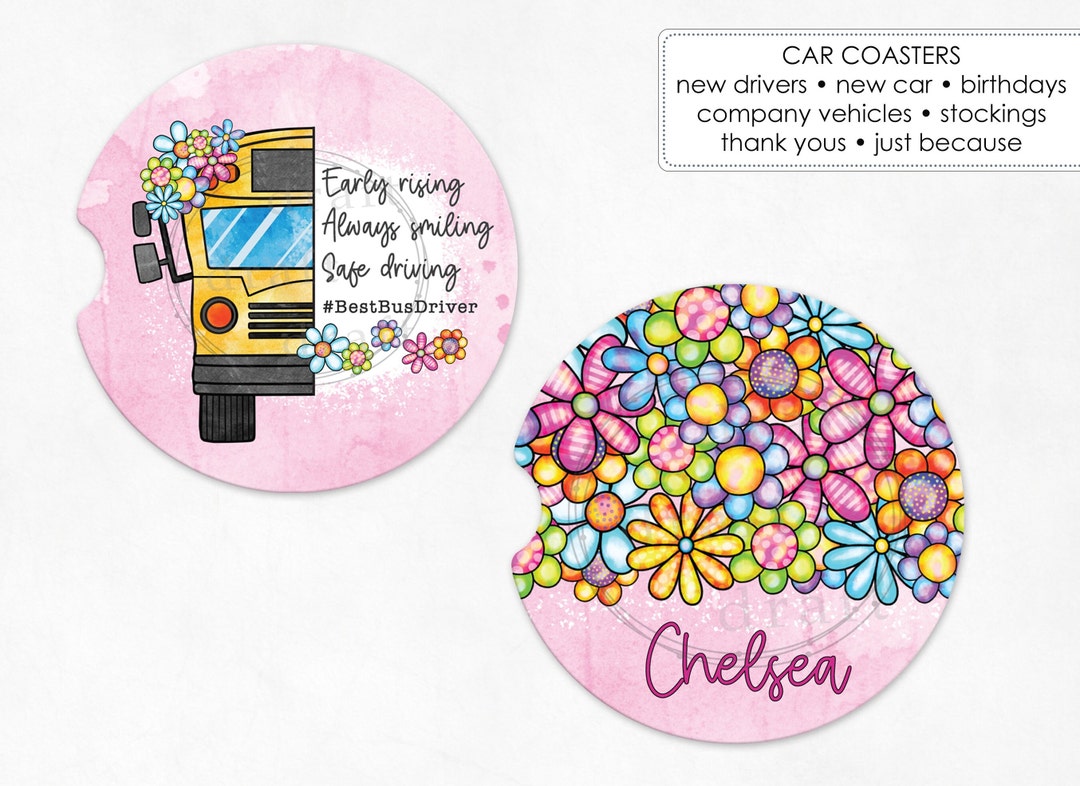 School Bus Driver • 2 Car Coaster Designs • Floral • Flowers • Digital ...