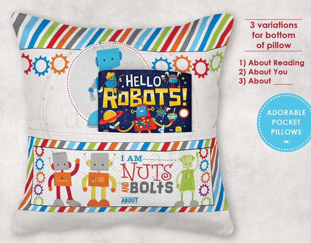 ROBOTS • Book Pillow Design • 8"h Pocket • Personalized Robot Pillow ...
