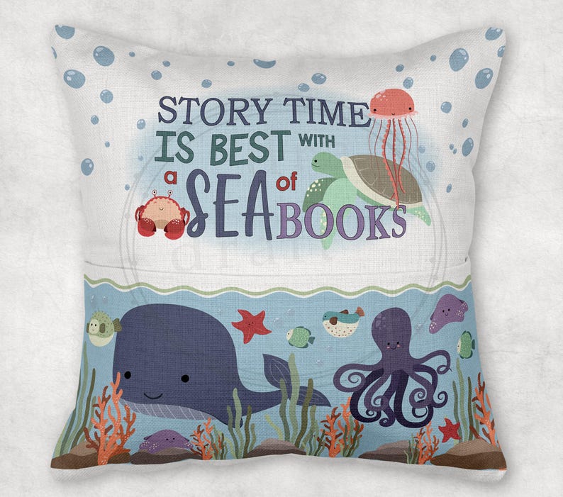 OCEAN • Book Pillow Design • 8"h Pocket • Under the Sea • Sea Creatures ...