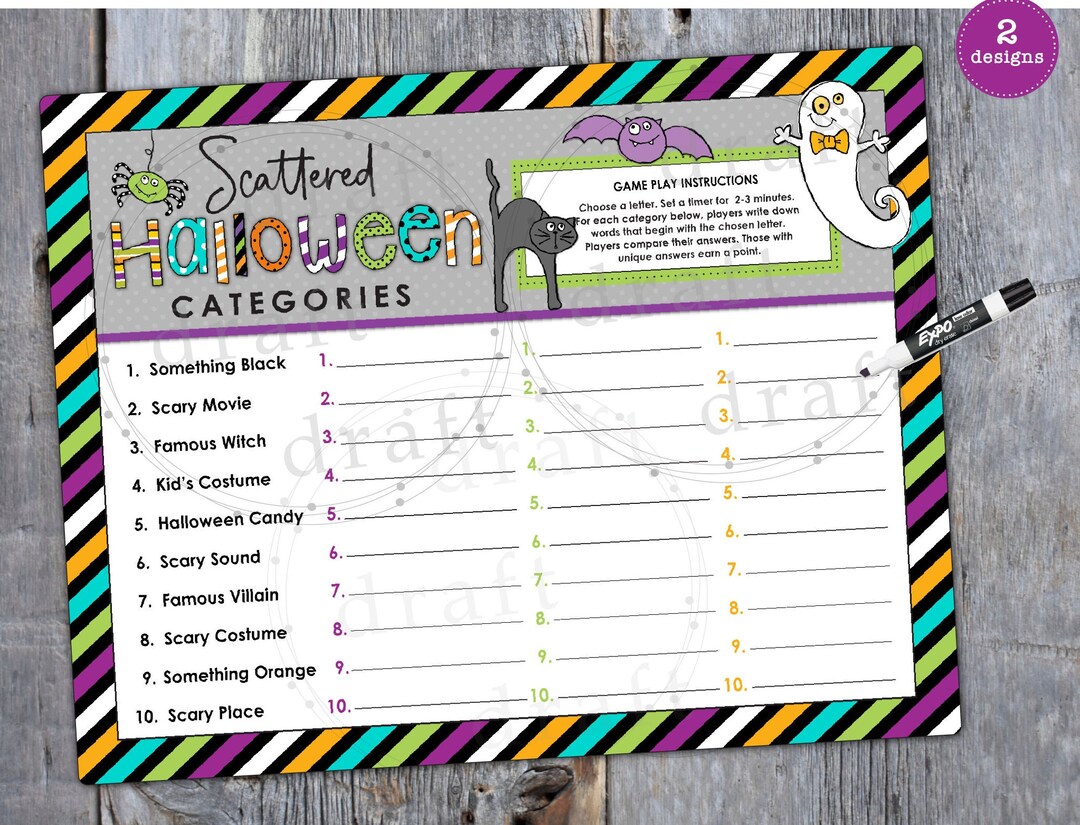 Halloween SCATTERED CATEGORIES • 2 Designs Family Board Game • Dry ...