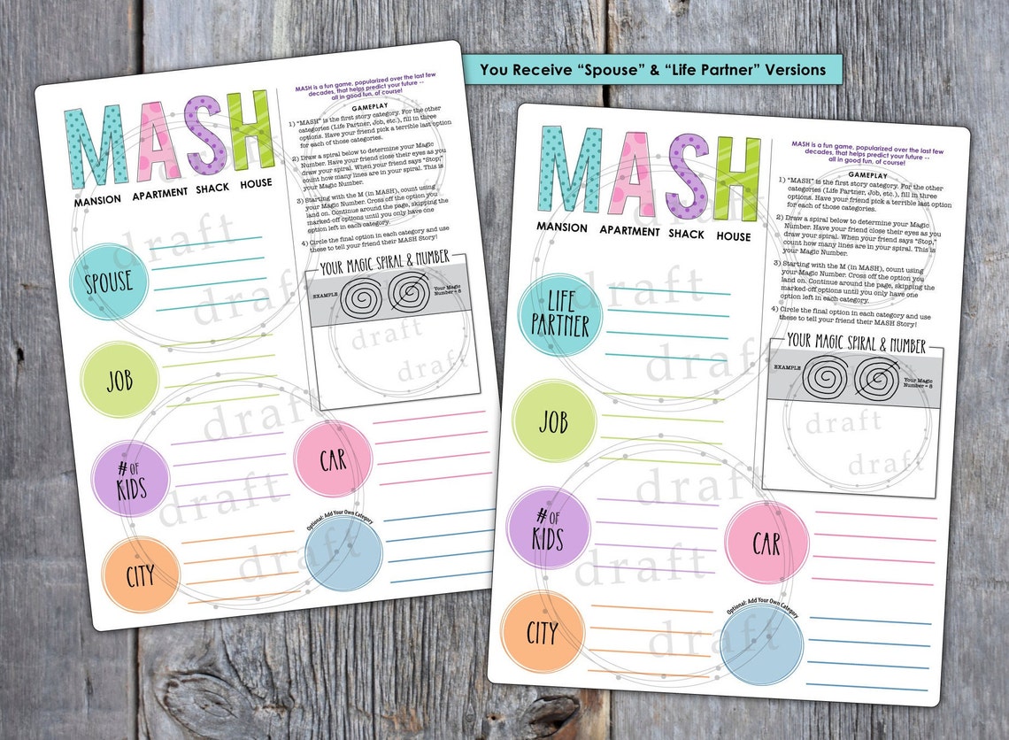 MASH Game Designs Popular Game for Decades Games - Etsy