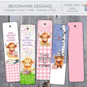 5 COW Bookmark Designs • Book Lover • Floral • Highland Cow • Includes ...