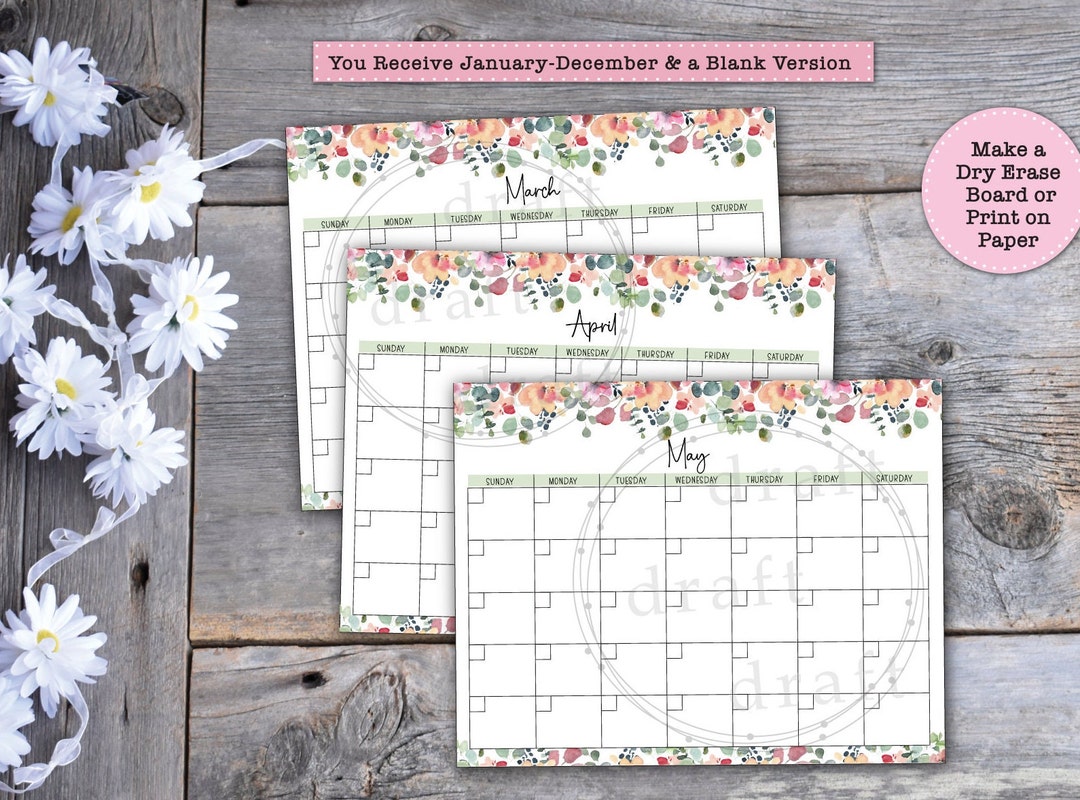 Monthly Calendar Designs ==> 13 Designs - Print on Paper or Dry Erase ...