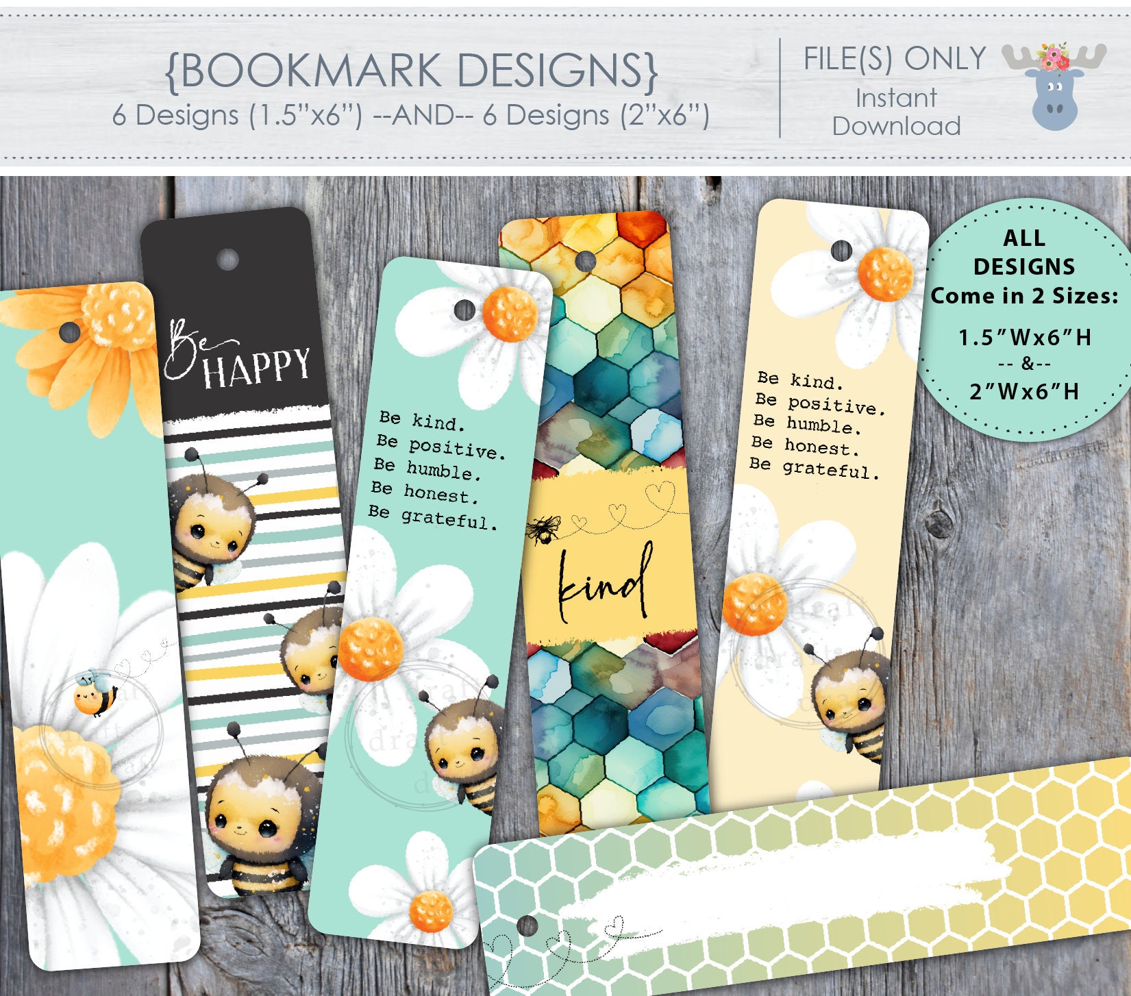 6 BEE Bookmark Designs • Be Kind, Be Grateful • Flowers • Daisies ...