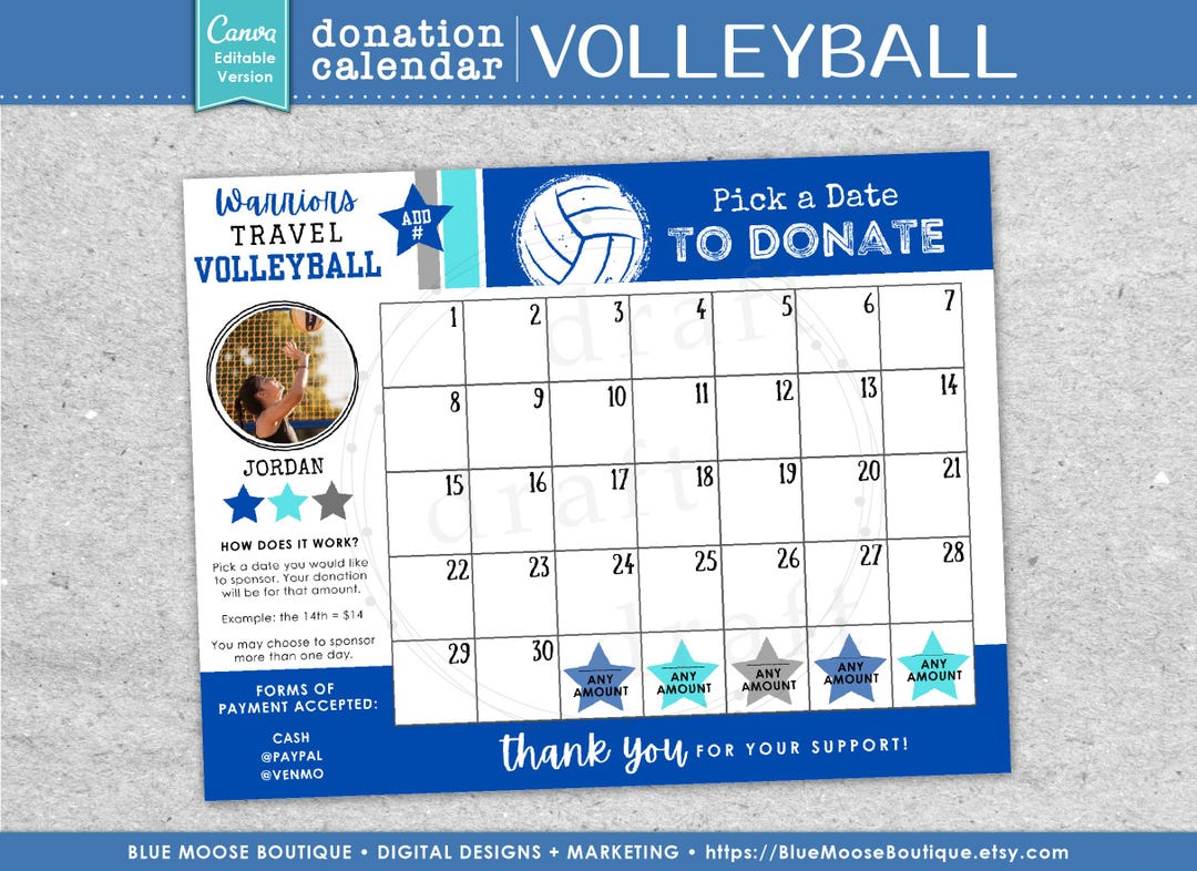 VOLLEYBALL Pick a Date to Donate Calendar Design • Canva-editable ...