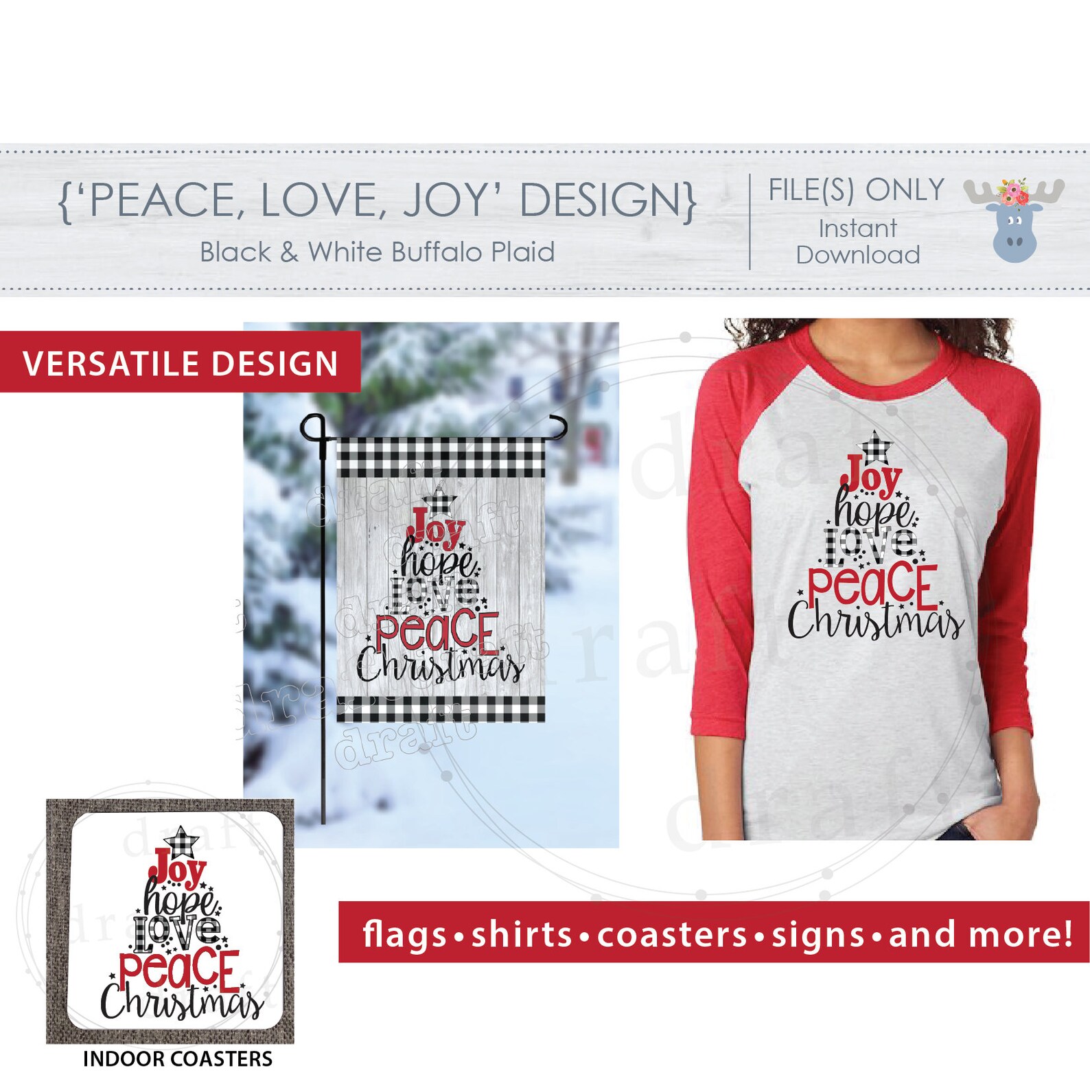 PEACE LOVE JOY Christmas Tree Design Black and White - Etsy