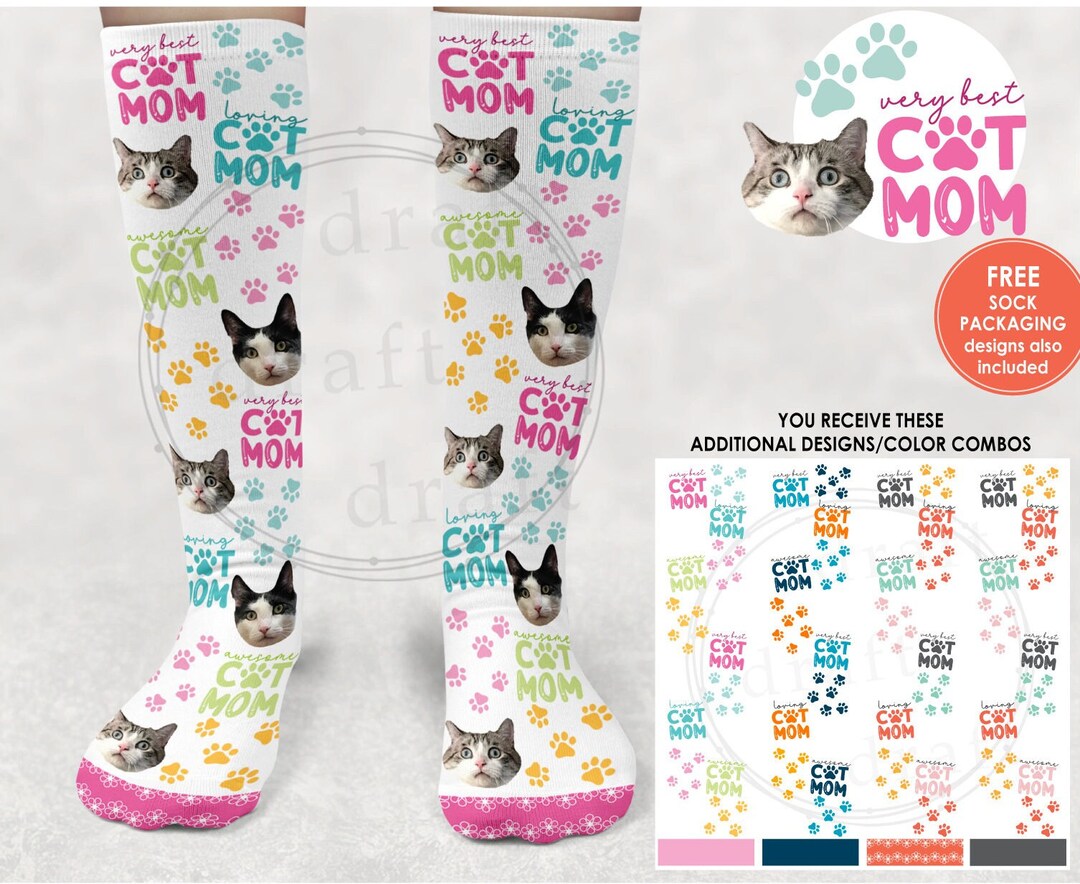 5 CAT MOM Sock Designs • Bundle of 5 - Personalize W/ Photos Pics • Pet ...