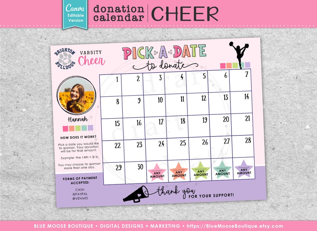 CHEER Pick a Date to Donate Calendar Design • Cheerleading • Canva ...