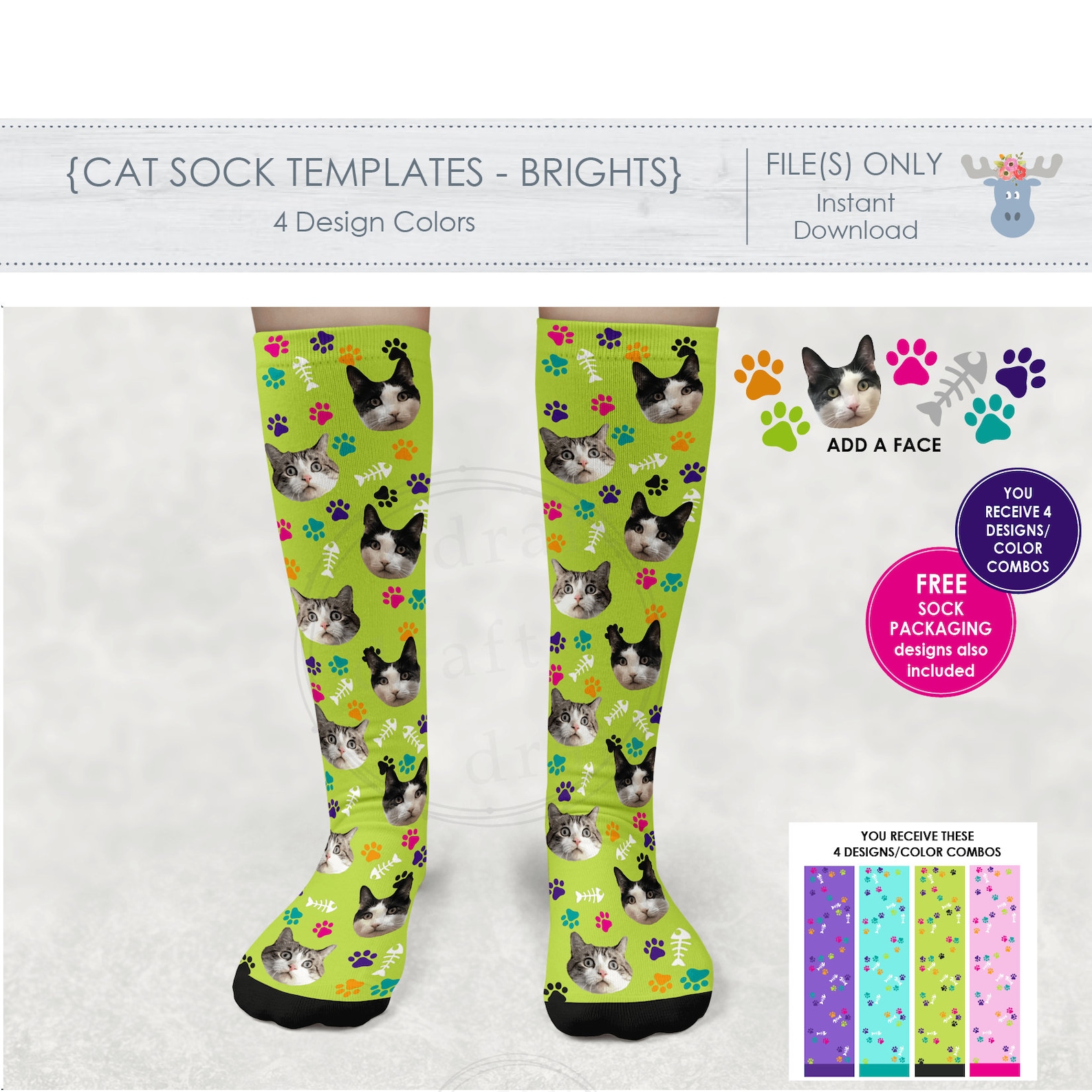 4 CAT Sock Designs • Add a Photo • Fun & Silly Sock Designs • Brights ...